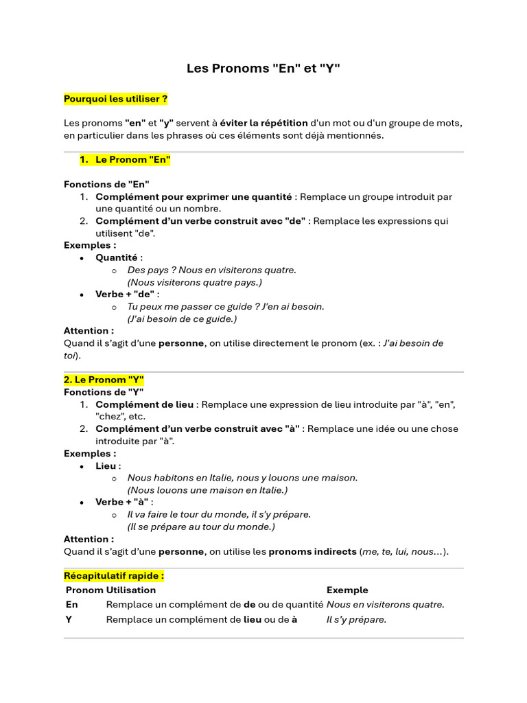 Les Pronoms-en, y | PDF | Pronom | Morphologie linguistique