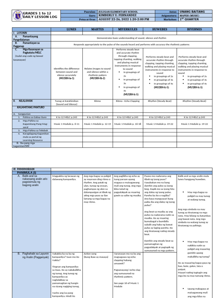 DLL Music Grade 1 q1 Week 1 | PDF