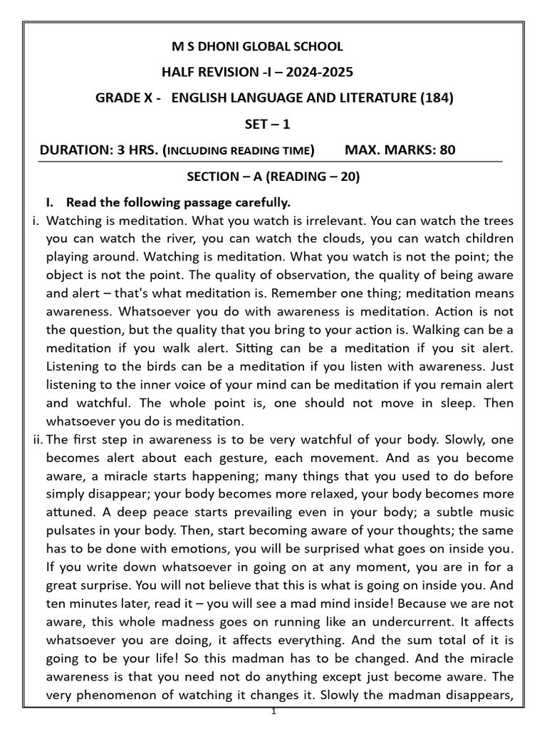 G 10 ENG HALF REV - I SET 1 QP | PDF | Flood | Meditation