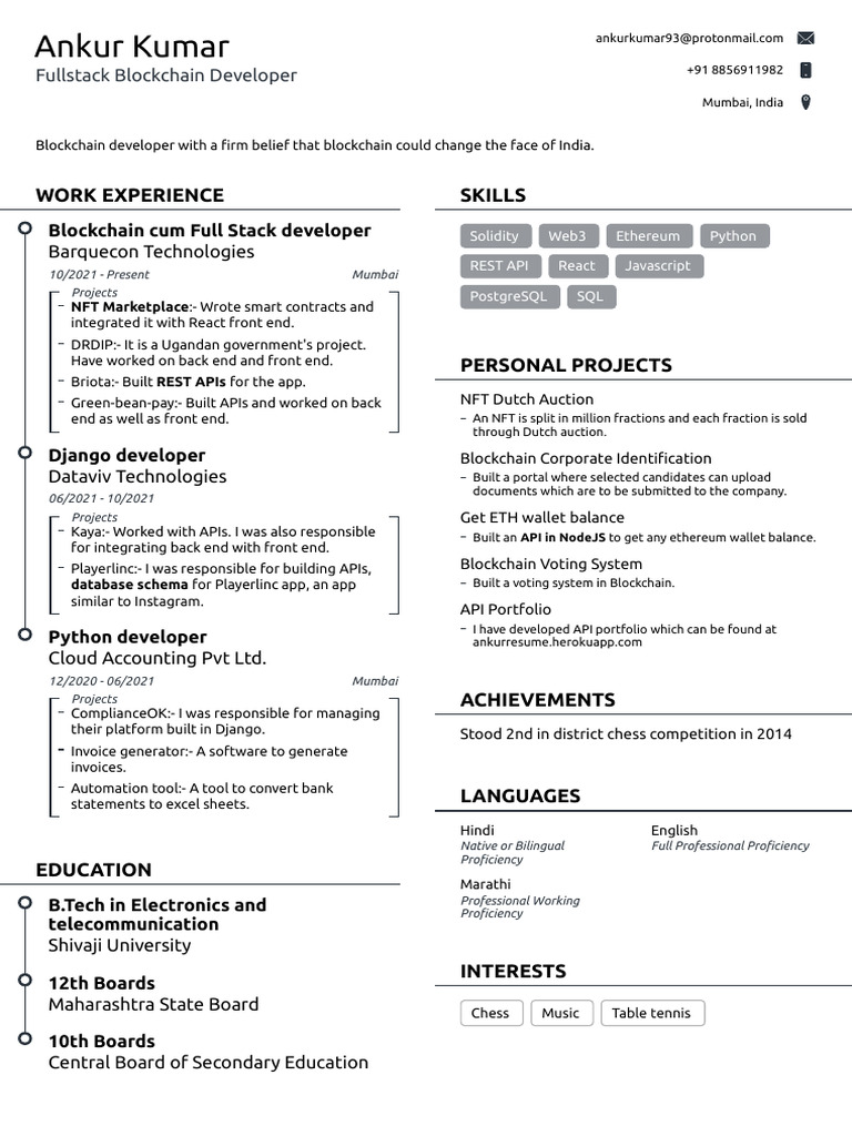 Ankur_Resume_Blockchain,Python | PDF | Data Management | Information Technology