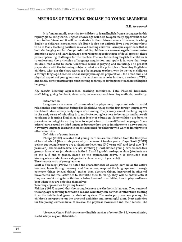 Methods of Teaching English To Young Learners | PDF | Learning | Teachers