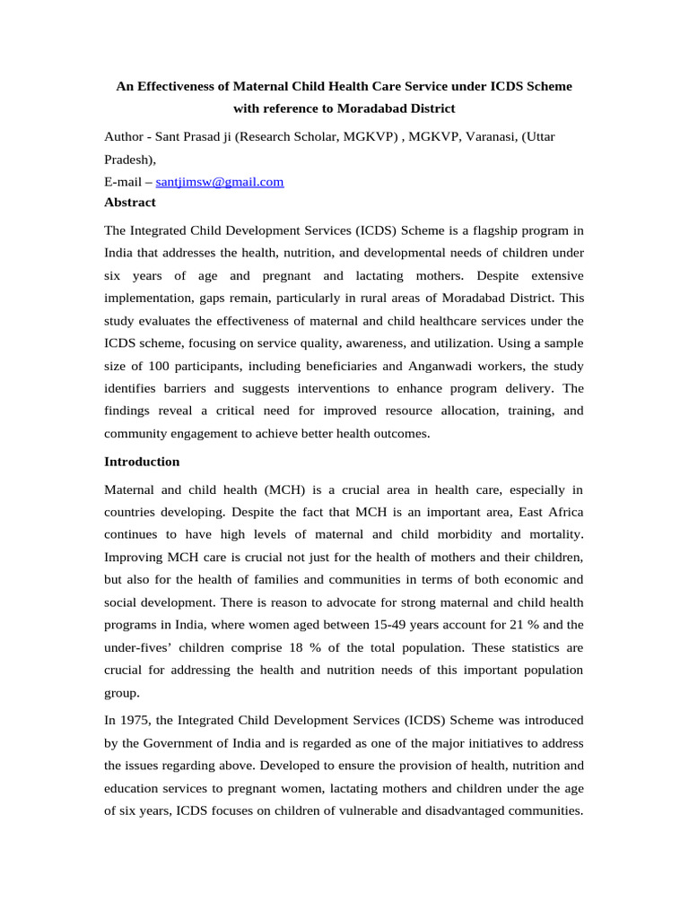 An Effectiveness of Maternal Child Health Care Service Under ICDS ...