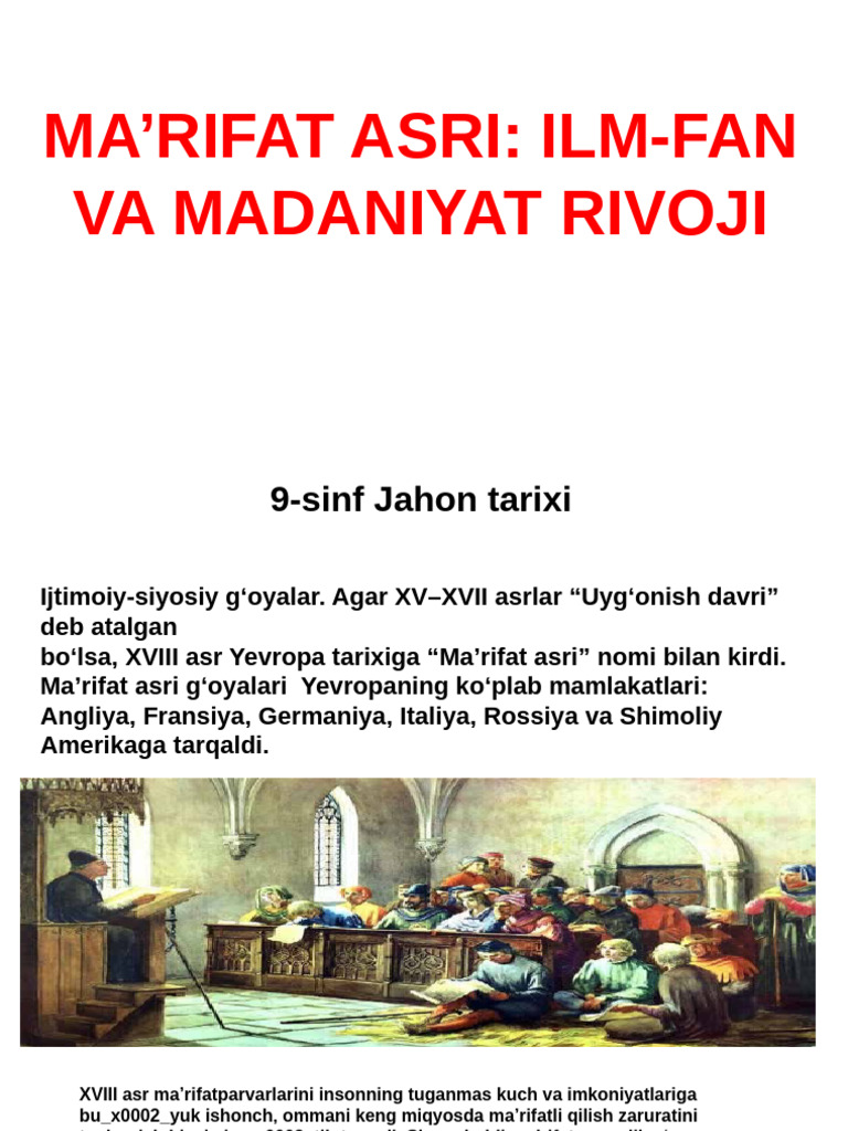 9 Sinf Jahon Tarixi Fanidan Ma'rifat Asri Mavzuda Dars Taqdimot | PDF