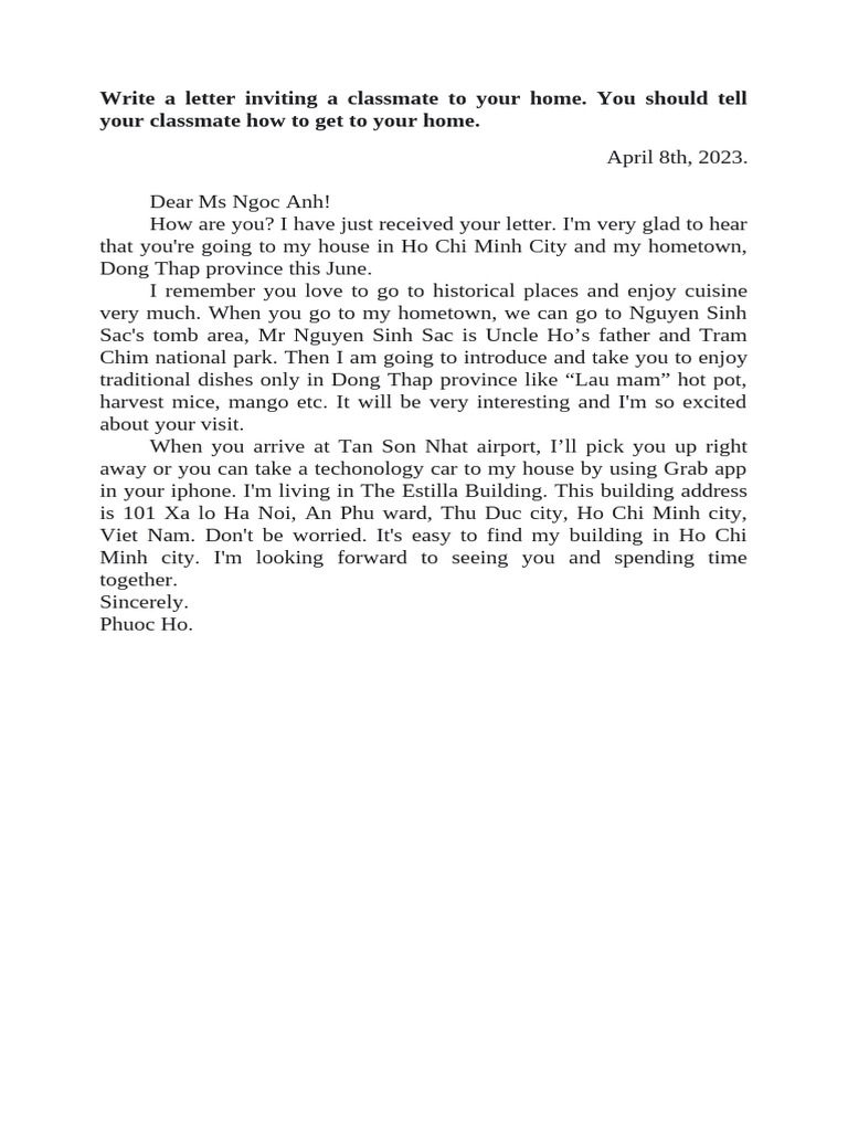 C PHUOC - Letter 2 - Write A Letter Inviting A Classmate To Your Home | PDF