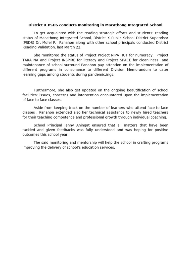 District X PSDS Conducts Monitoring in Macatbong Integrated School | PDF