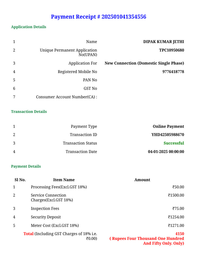 Payment Receipt for New Connection | PDF