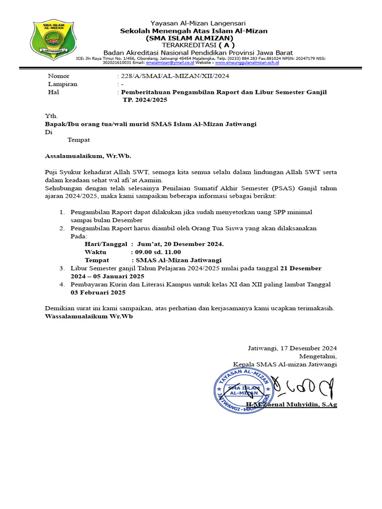 Surat Pemberitahuan Libur SMSTR & Pemb. Raport | PDF