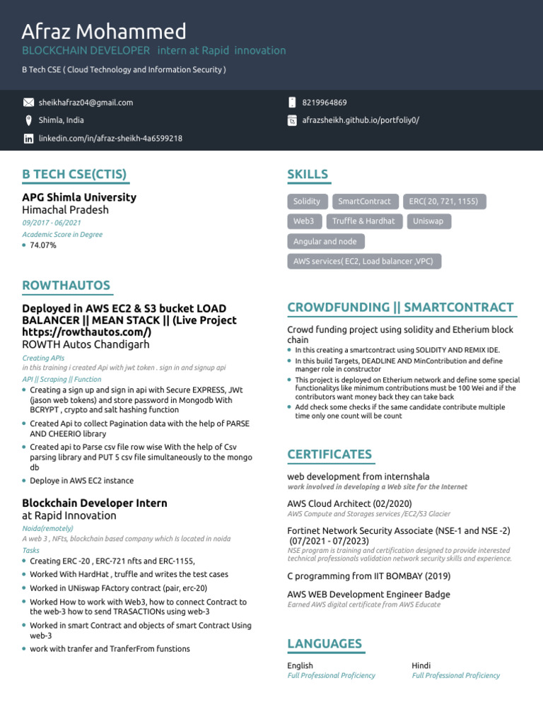 Afraz Resume Blockchain | PDF | Amazon Web Services | Computing