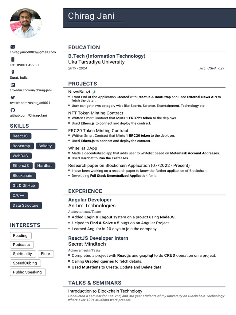 Blockchain Developer Intern Profile | PDF | Software | Computing