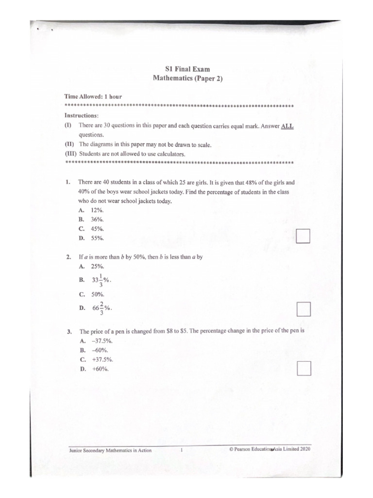 S1 Final Exam Math Pp2 | PDF
