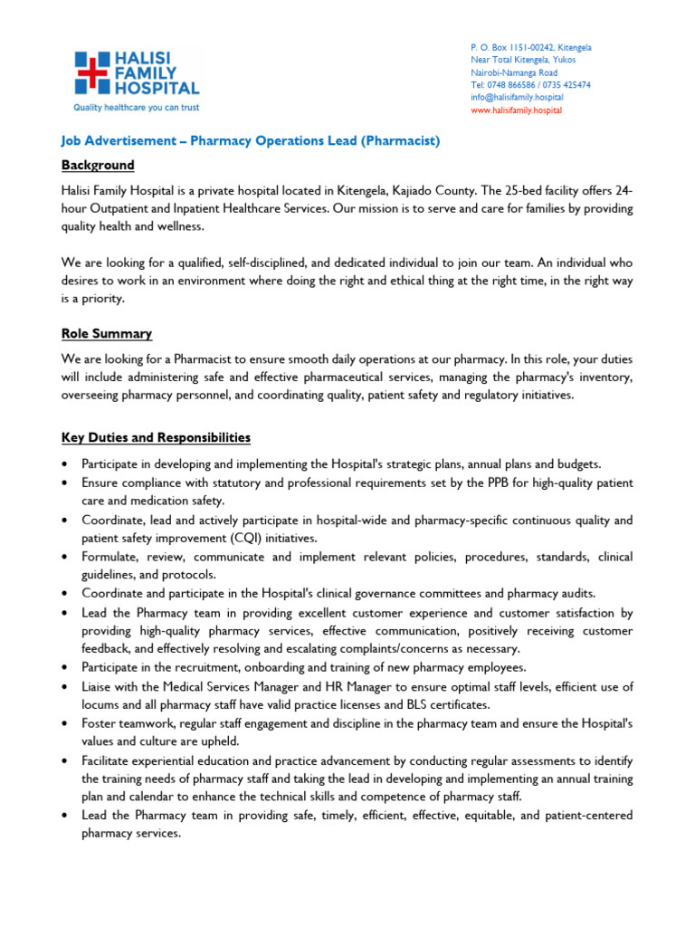 HFH Pharmacy Operations Lead (Pharmacist) Job Advert - Dec 2024 | PDF ...