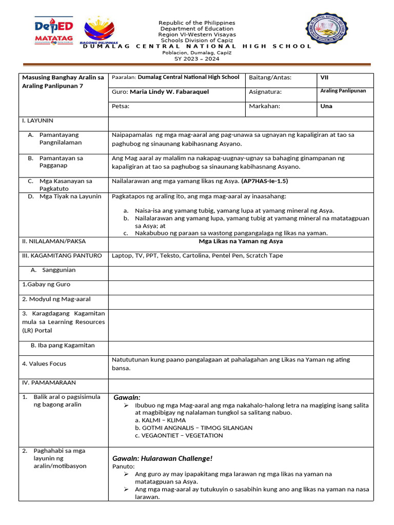 Masusing Banghay Aralin Sa Araling Panlipunan 7 VII Maria Lindy W. Fabaraquel Una | PDF