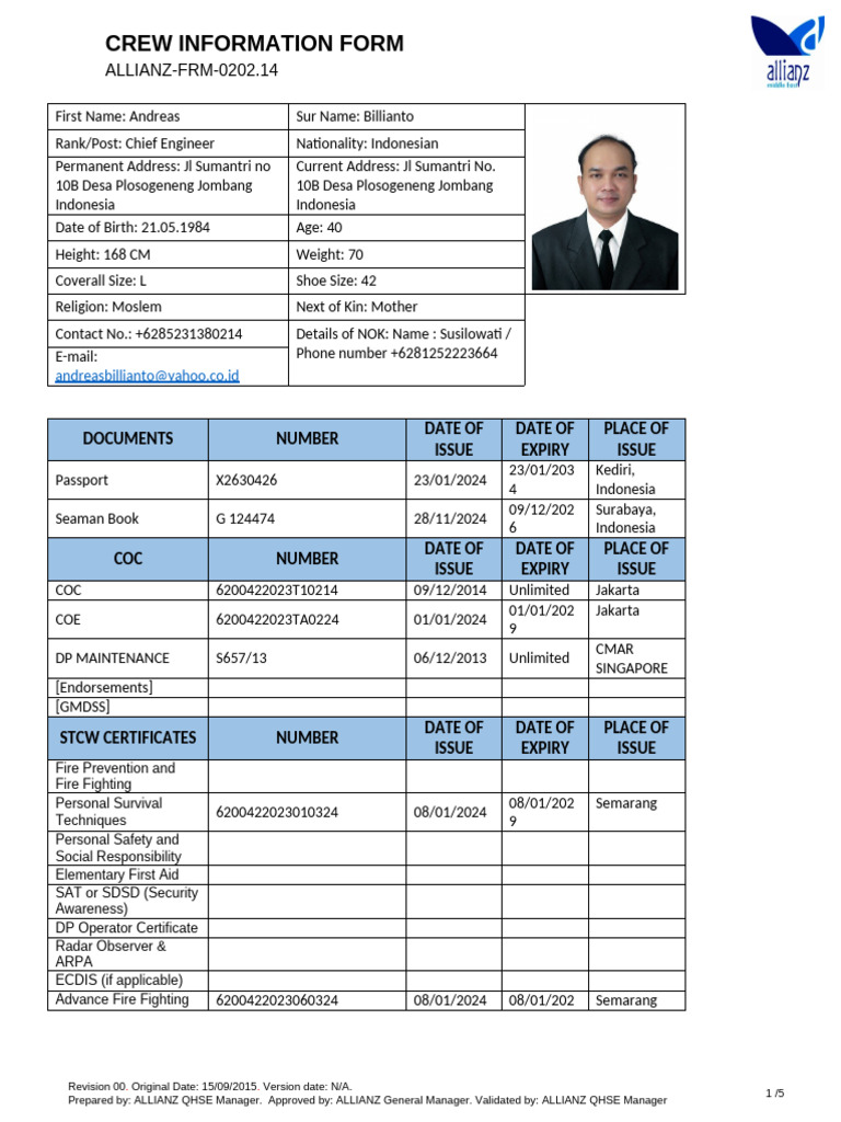 CV CE Andreas Billianto ATT Class 1 | PDF