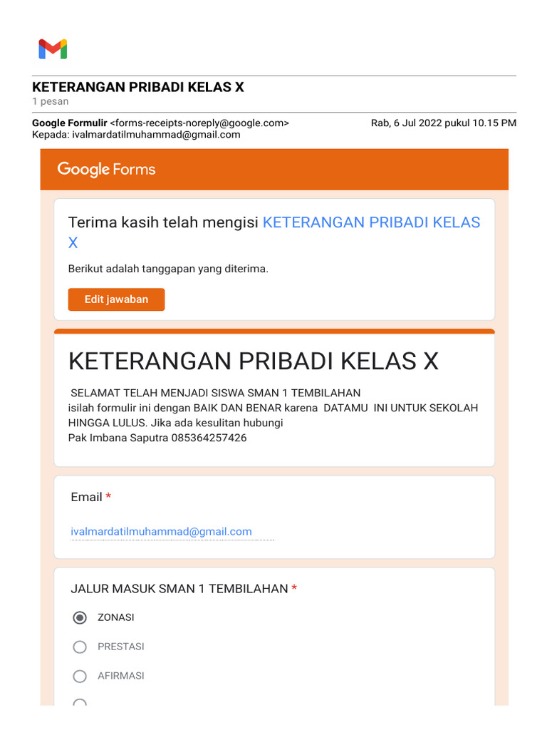 Gmail - Keterangan Pribadi Kelas x | PDF
