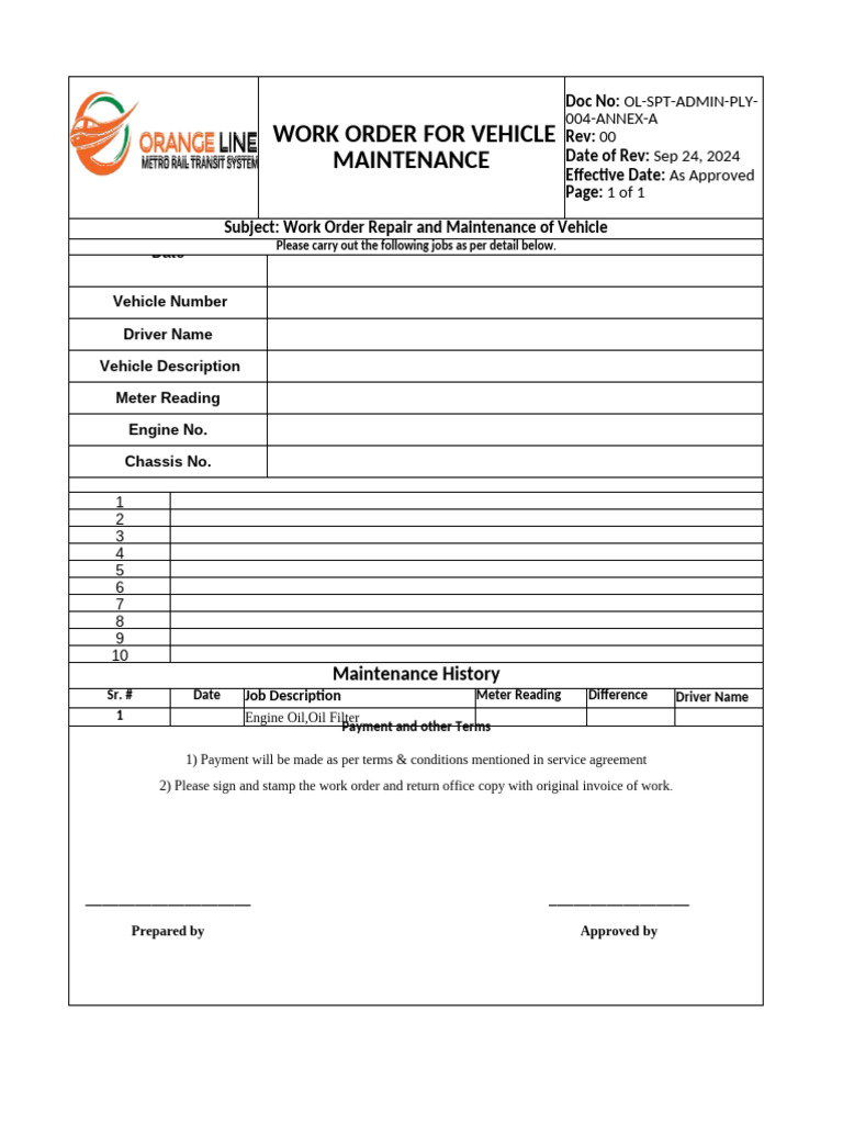 Annexure A - Work Order for Vehicle Maintenance | PDF | Rapid Transit ...
