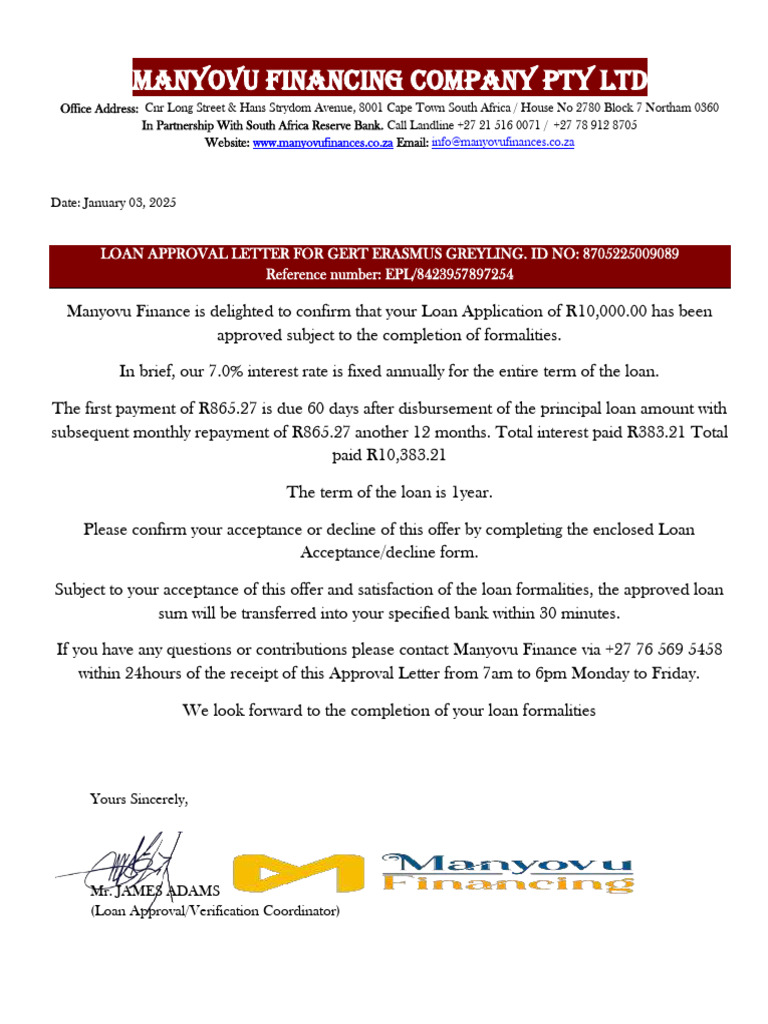 Manyovu Financing Approval Letter For Gert Erasmus Greyling | PDF ...