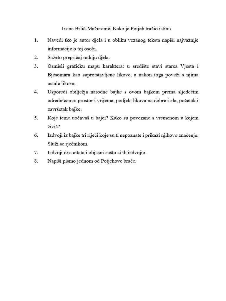 Lektira - Kako Je Potjeh Tražio Istinu (Pitanja) | PDF