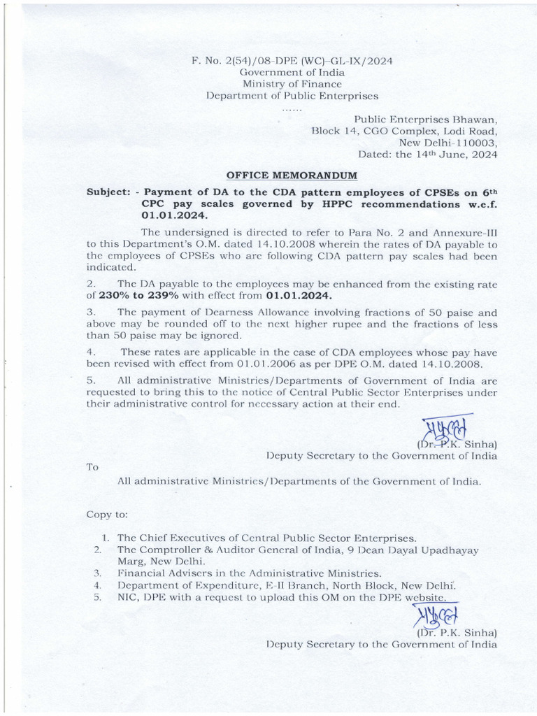 OM 14 June 2024 Revised DA Rate, 6th CPC | PDF