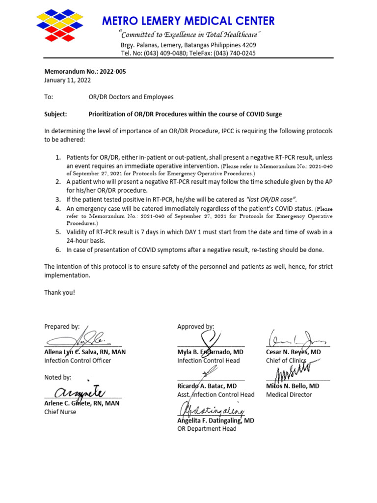 Memorandum No. 2022 005 PRIORITIZATION OF OR and DR PROCEDURES WITHIN COVID SURGE 1 | PDF ...