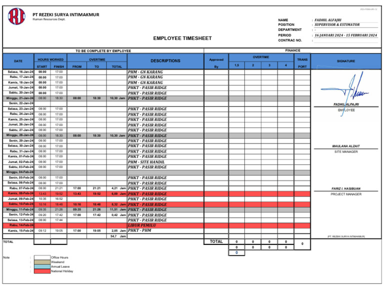 Fadhil TimeSheet 16 Jan - 15 Feb 24 | PDF | Working Time | Leave Of Absence