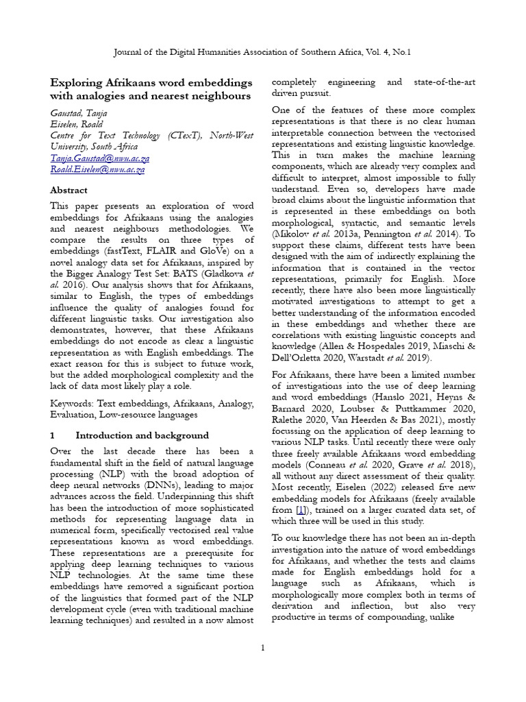 Exploring Afrikaans word embeddings with analogies and nearest neighbours | PDF | Morphology ...