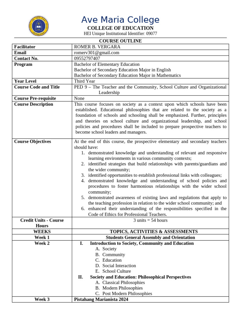 PED 9 Course Outline: Teacher & Community | PDF | Teachers | Schools