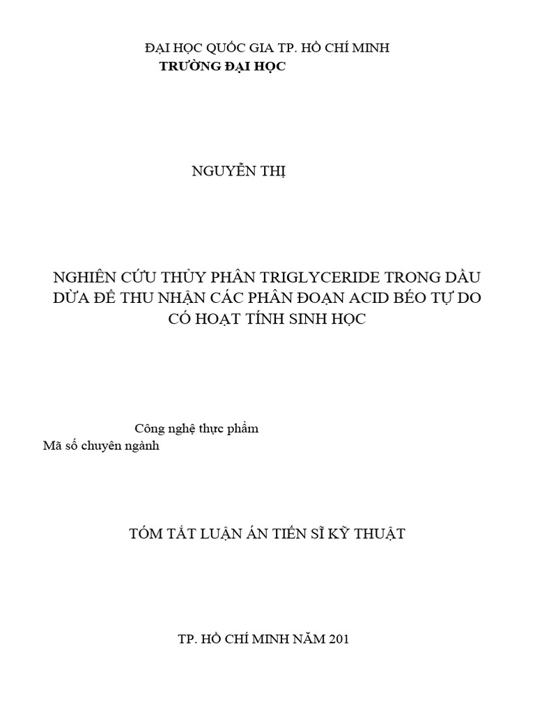 Nghiên Cứu Thủy Phân Triglyceride Trong Dầu Dừa Để Thu Nhận Các Phân Đoạn Acid Béo Tự Do Có Hoạt ...