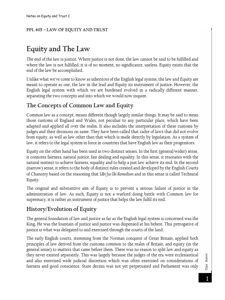 Notes On Equity and Trust I | PDF | Assignment (Law) | Equity (Law)