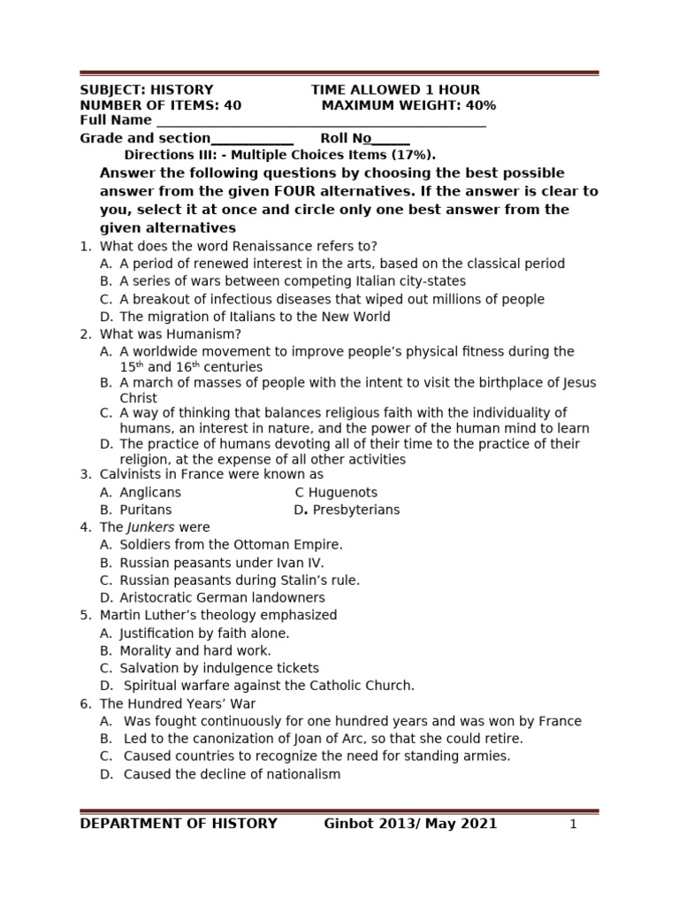 Renaissance History Assessment Worksheet | PDF | Renaissance | Catholic ...