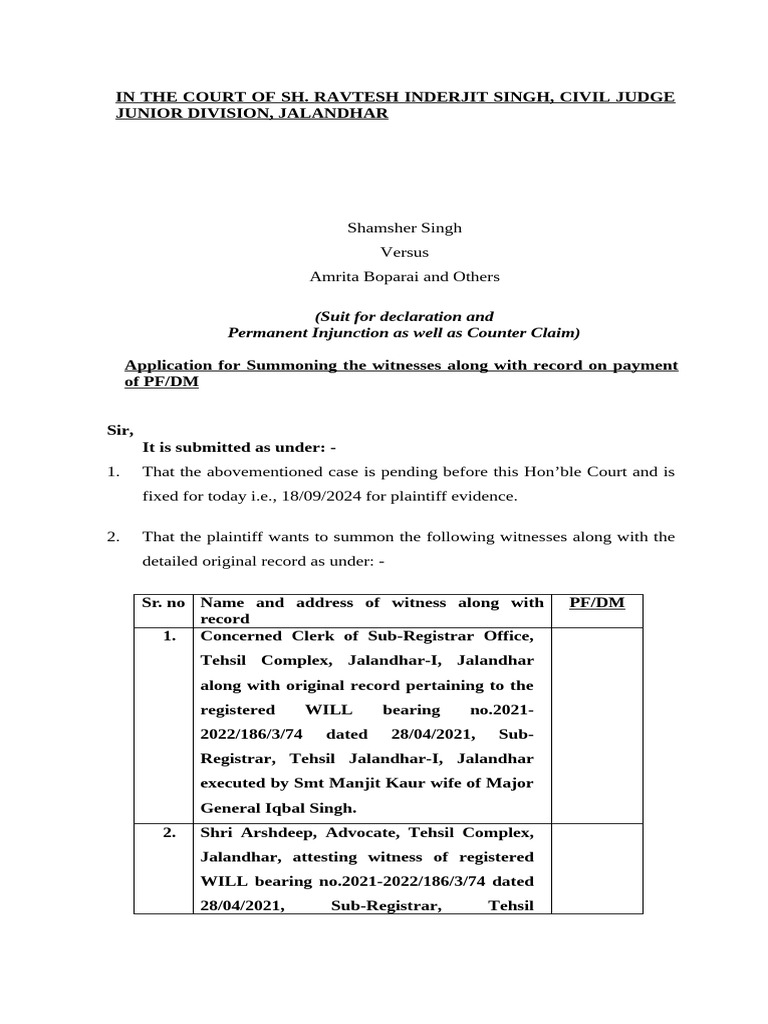 SUMMONING OF WITNESSES OF REGISTERED WILL | PDF | Courts | Separation ...