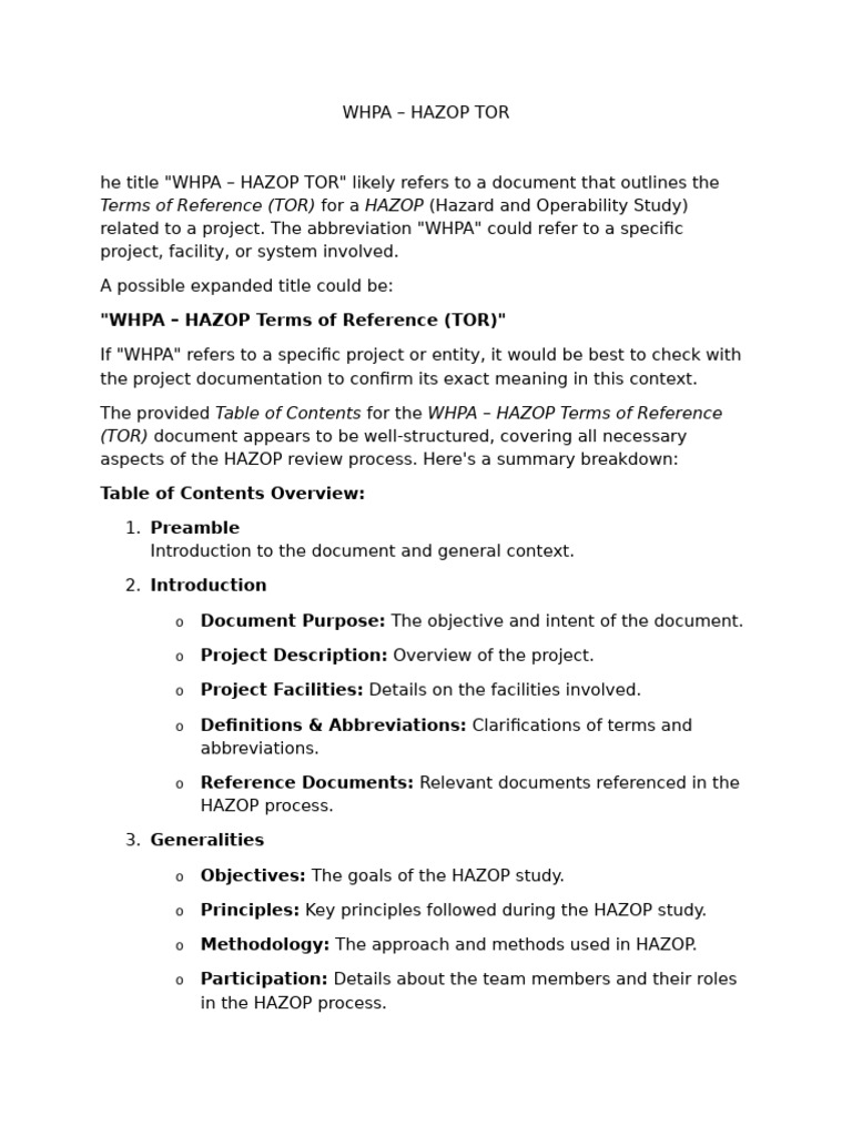 WHPA – HAZOP TOR | PDF | Risk