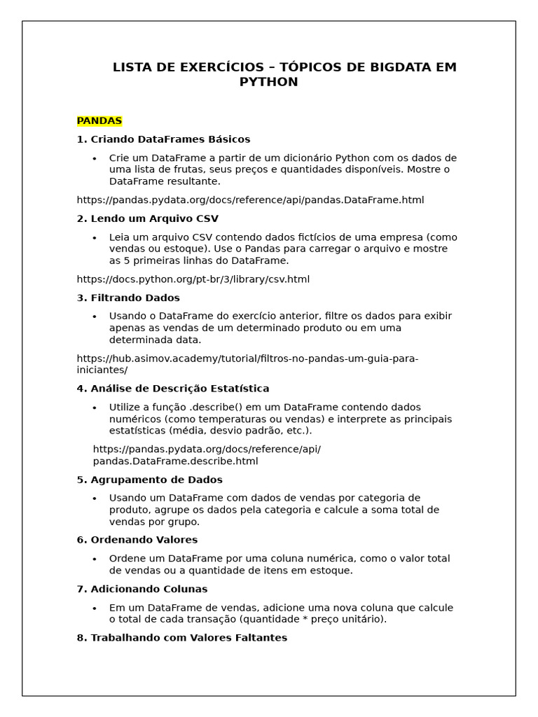 LISTA_DE_EXERCiCIOS_-_Bibliotecas_Python_para_Analise_de_Dados (2) | PDF | Matriz (Matemática)