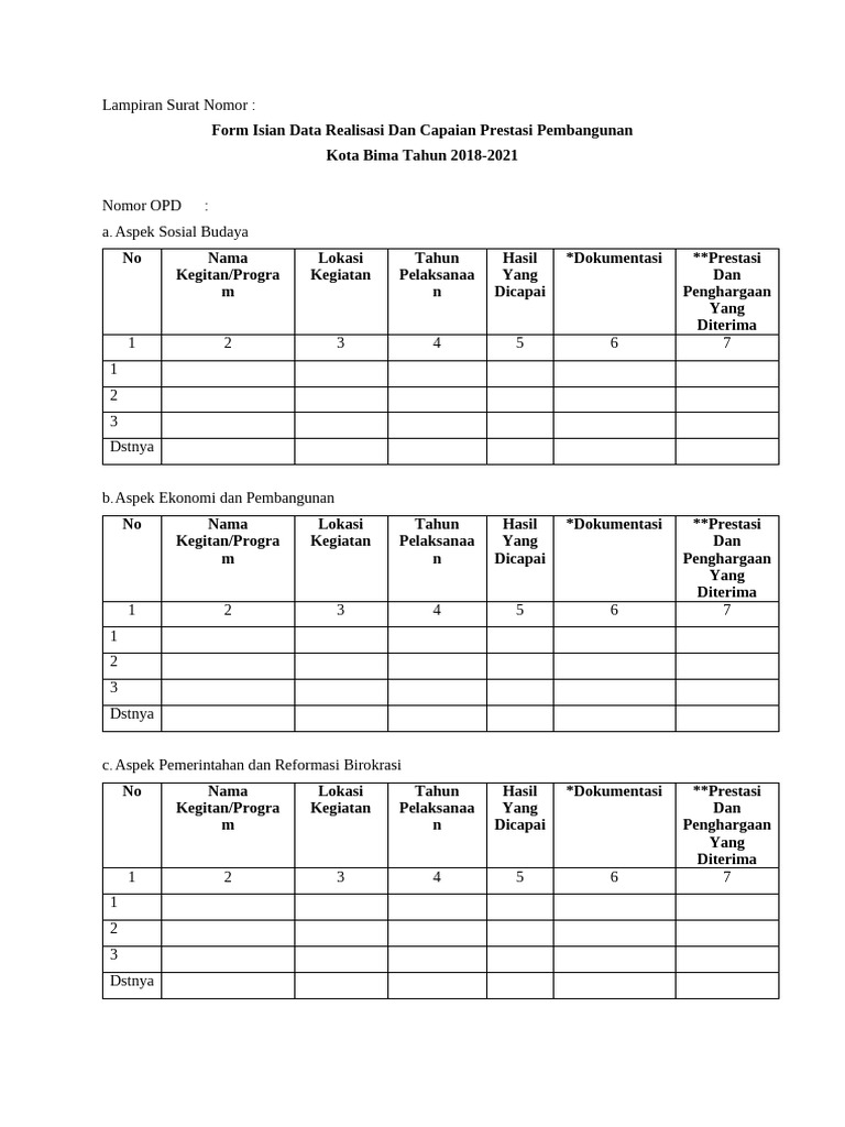 Form Isian Data Realisasi Dan Capaian Prestasi Pembangunan | PDF