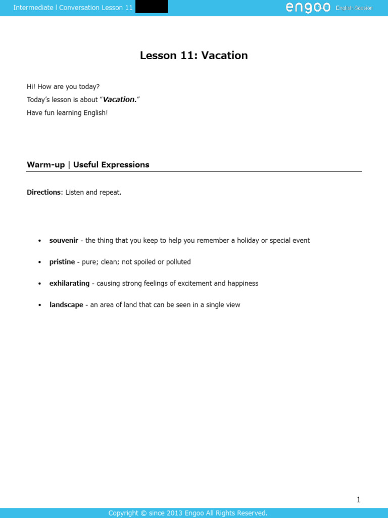 English Conversation: Vacation Lesson 11 | PDF