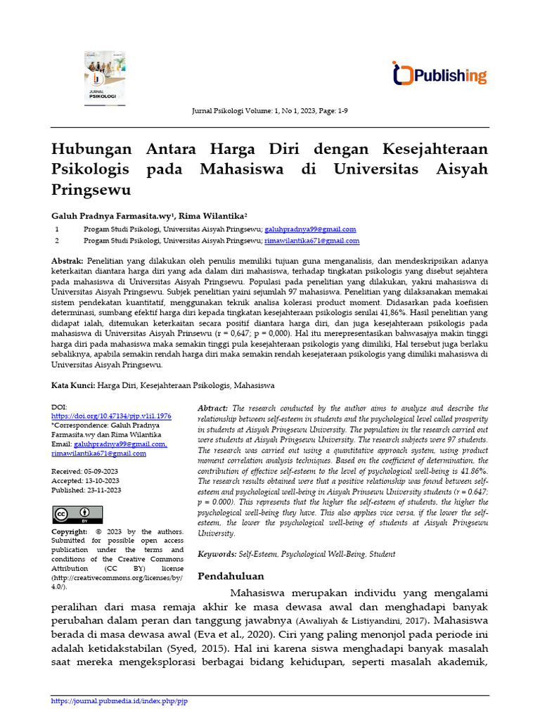 Hubungan Antara Harga Diri Dengan Kesejahteraan Psikologis Pada Mahasiswa Di Universitas Aisyah ...