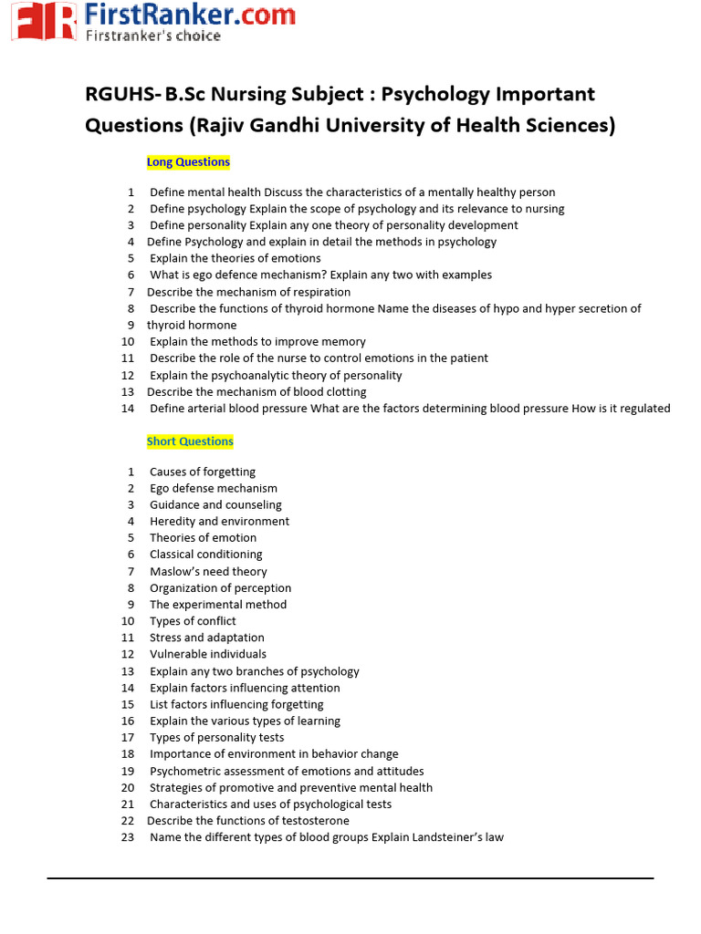 RGUHS - B.SC Nursing - 2019 2020 - 1 - Important Questions - Psychology | PDF | Psychology ...
