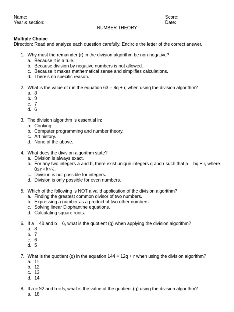 40-item test | PDF | Division (Mathematics) | Numbers