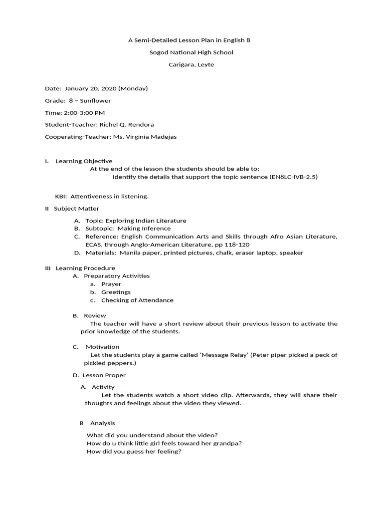 A Semi - Detailed Lesson Plan in Grade 8 Sogod January 20 | PDF ...