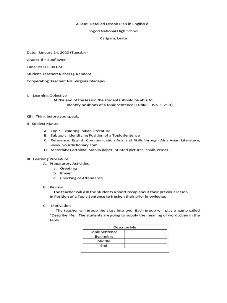 A Semi - Detailed Lesson Plan in Grade 1 | PDF | Lesson Plan