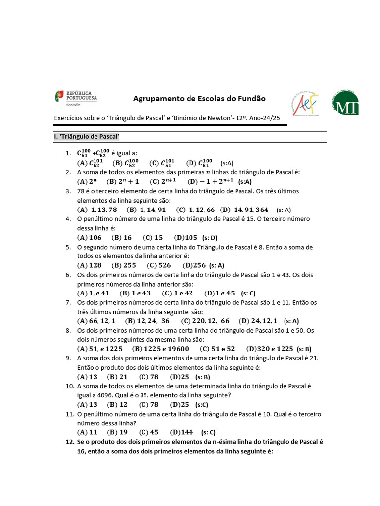 Triângulo de PASCAL-Binómio de NEWTON - 24 - 25 | PDF | Matemática
