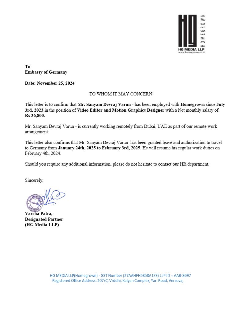 Employment & Travel Authorization Letter | PDF