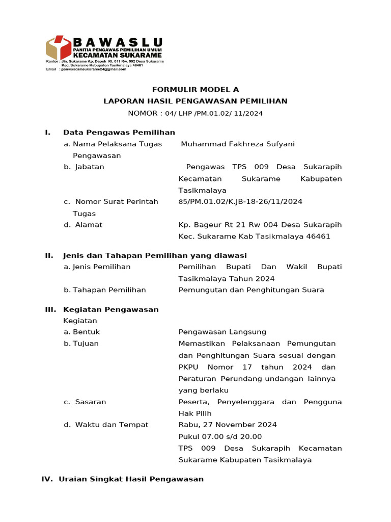 Laporan Pengawasan Pemilihan Tasikmalaya | PDF