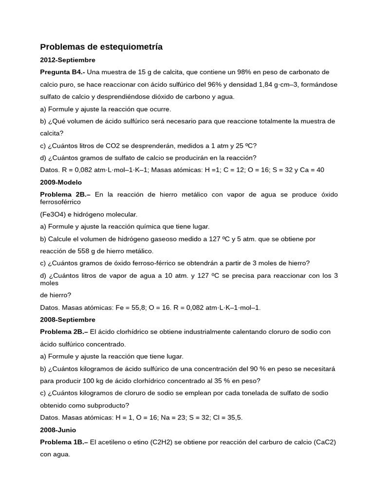 Hoja Problemas de estequiometría | PDF | Ácido clorhídrico | Ácido sulfúrico