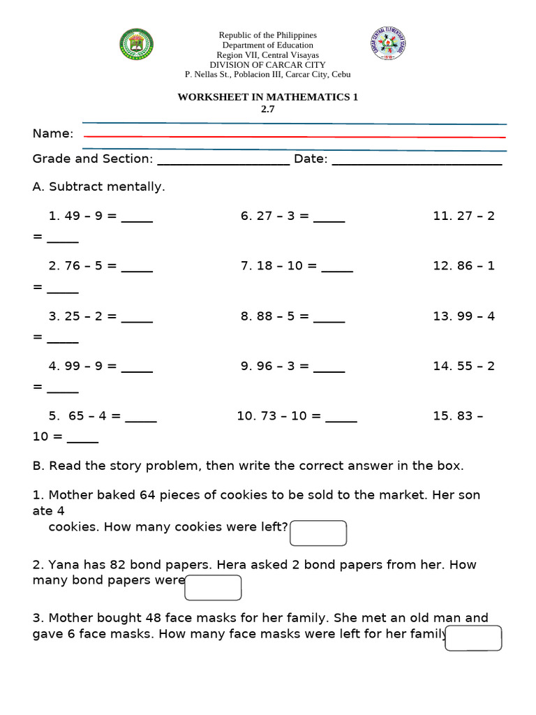 Mathematics 1 Worksheet for Grade Students | PDF