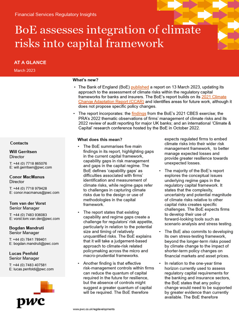 Boe Assessess Integration of Climate Risks Into Capital Framework | PDF | Risk | Risk Management