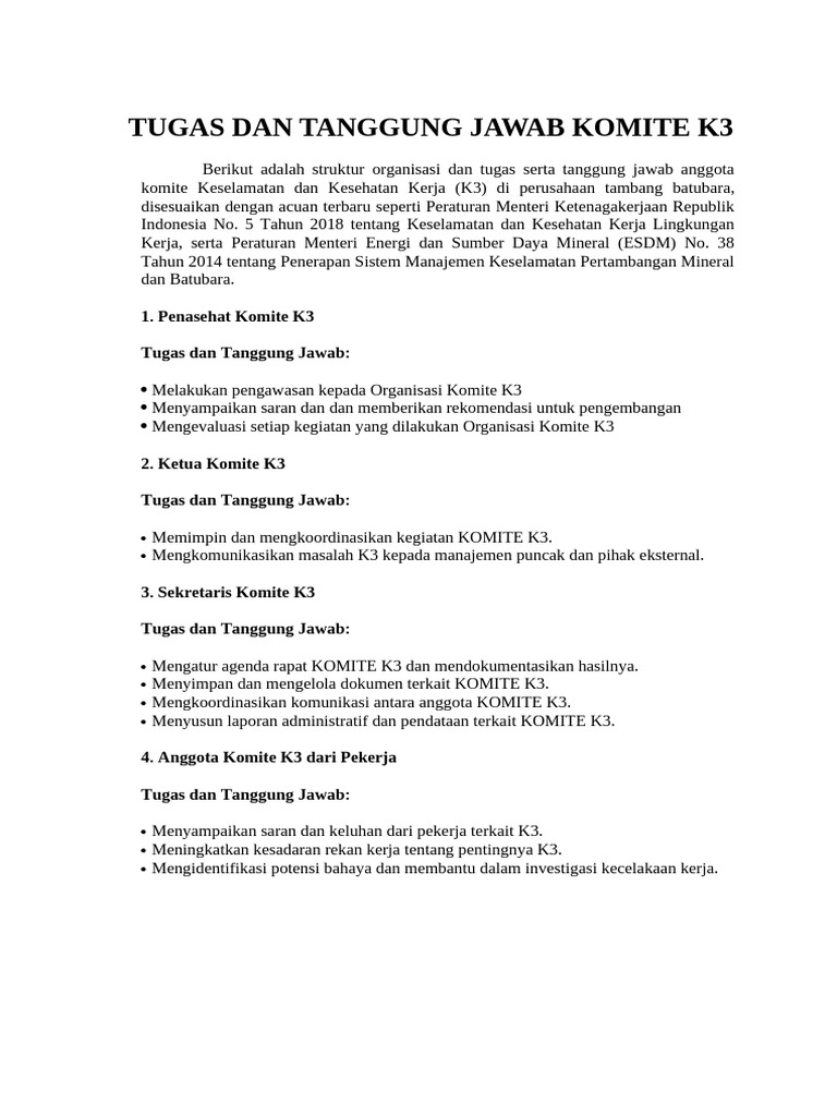 Tugas Dan Tanggung Jawab Komite K3 | PDF