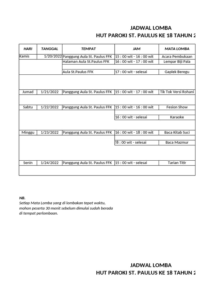 Jadwal Lomba Hut | PDF
