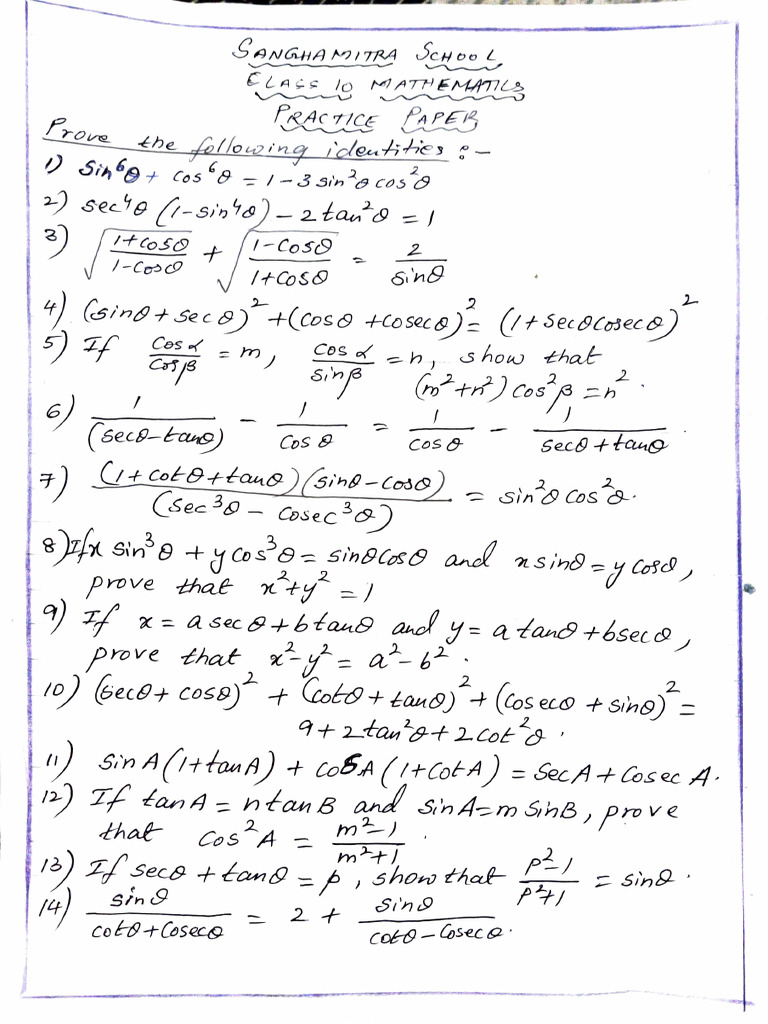Class 10 Trigonometry Practice Paper | PDF | Mathematical Analysis ...