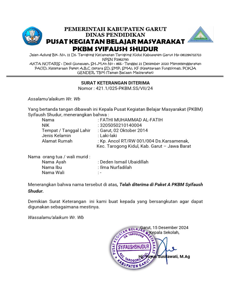 Surat Keterangan Diterima Fathi Muhammad | PDF