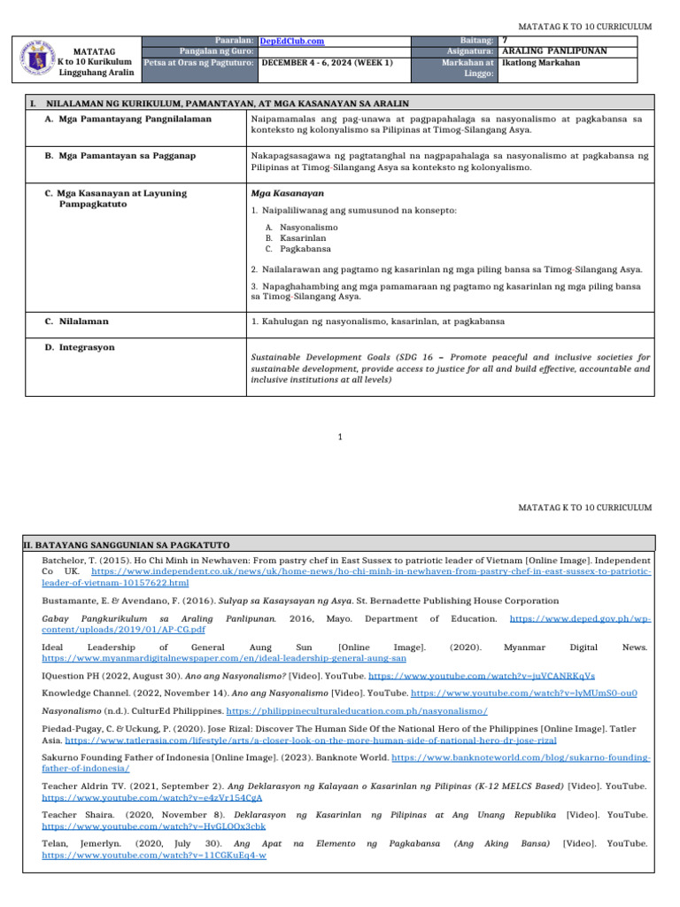 DLL MATATAG _ARALING PANLIPUNAN 7 Q3 W1 | PDF
